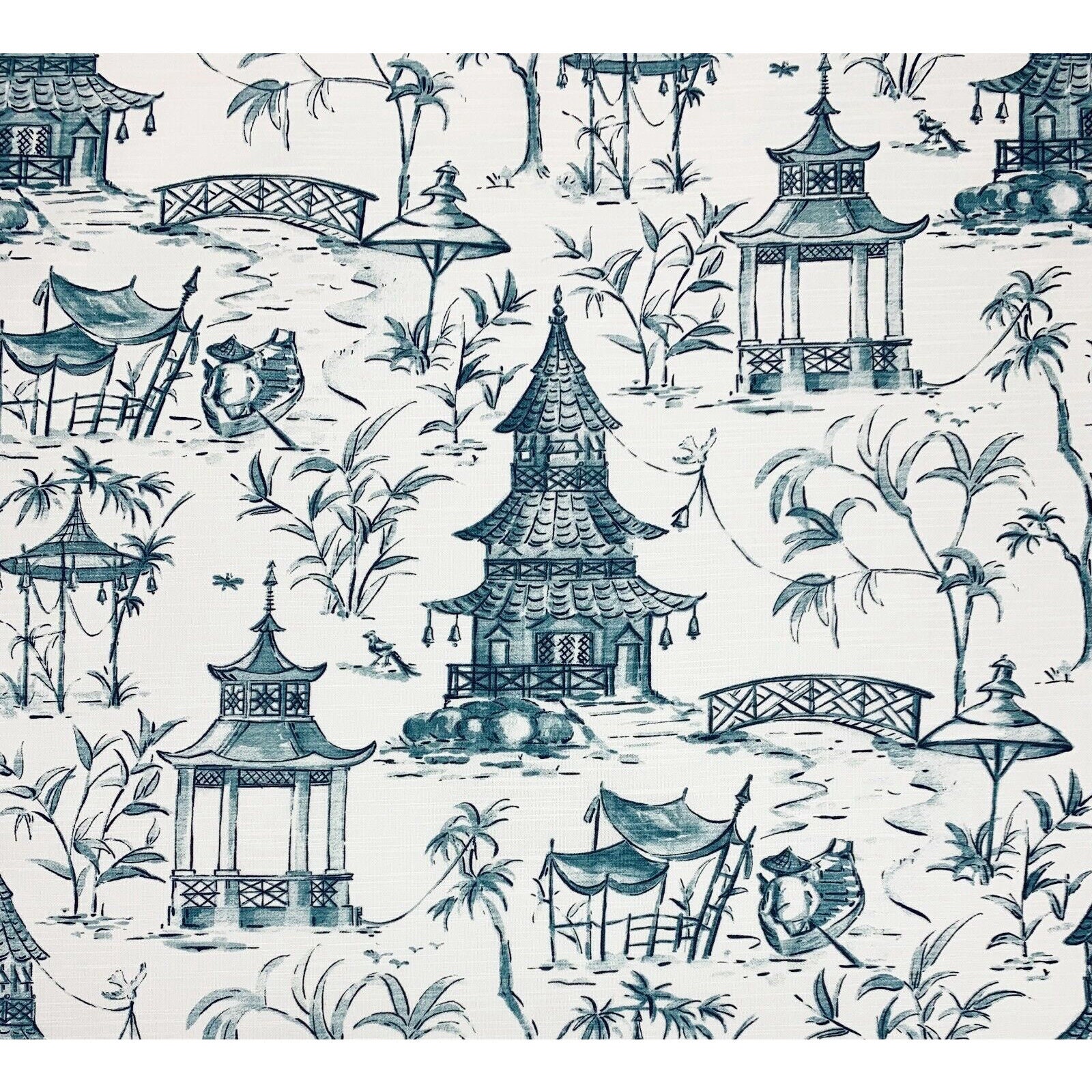 Lacefield Designs Pagodas Seaside Blue White Asian Temple Fabric by ...