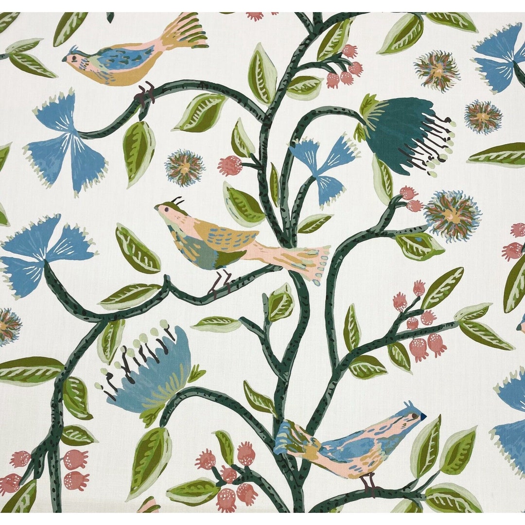 Ballard Designs Lyle Green Blue Lush Leaves Vine Songbirds Fabric by ...
