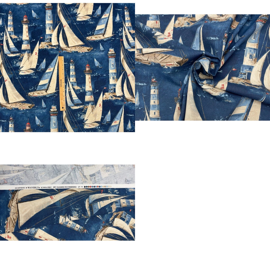 Waverly in the Breeze Indigo Blue Lighthouse Sailboat Cotton Fabric by ...