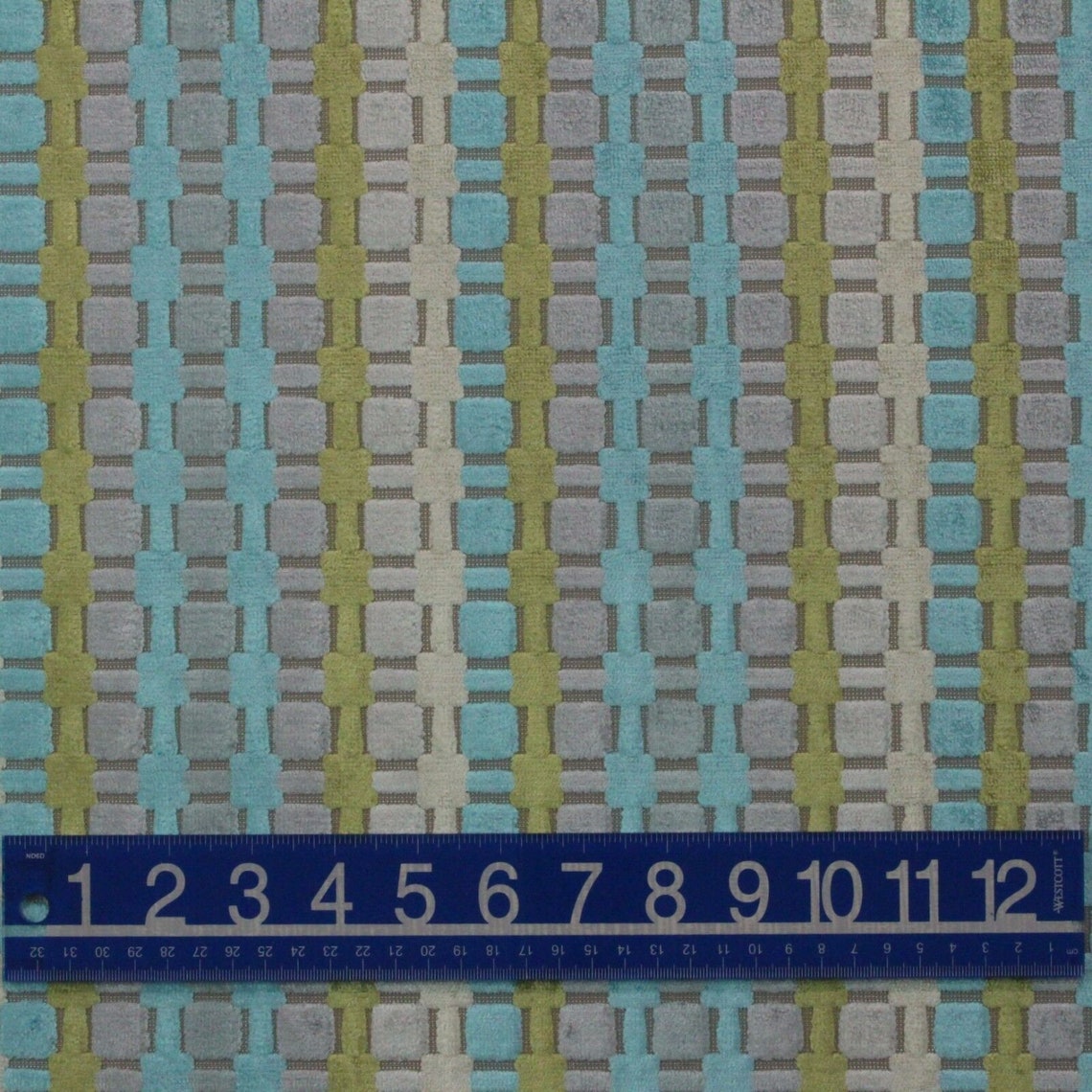 Designer Times Square Bayside Blue Velvet Geometric Striped Fabric by ...