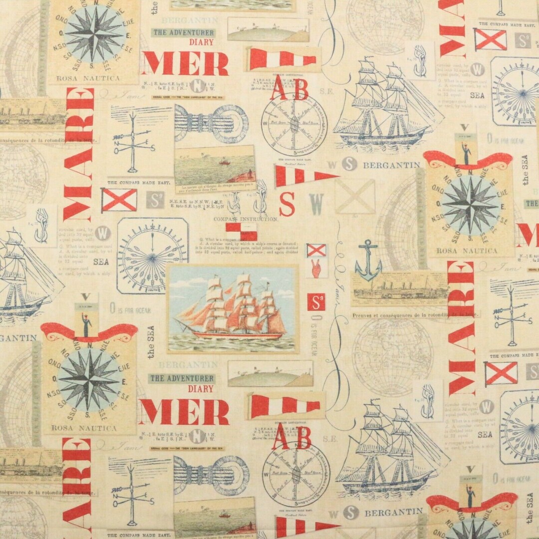 Mare Mer Red Nautical Colonial Sailing Ships Cotton Printed Fabric by ...