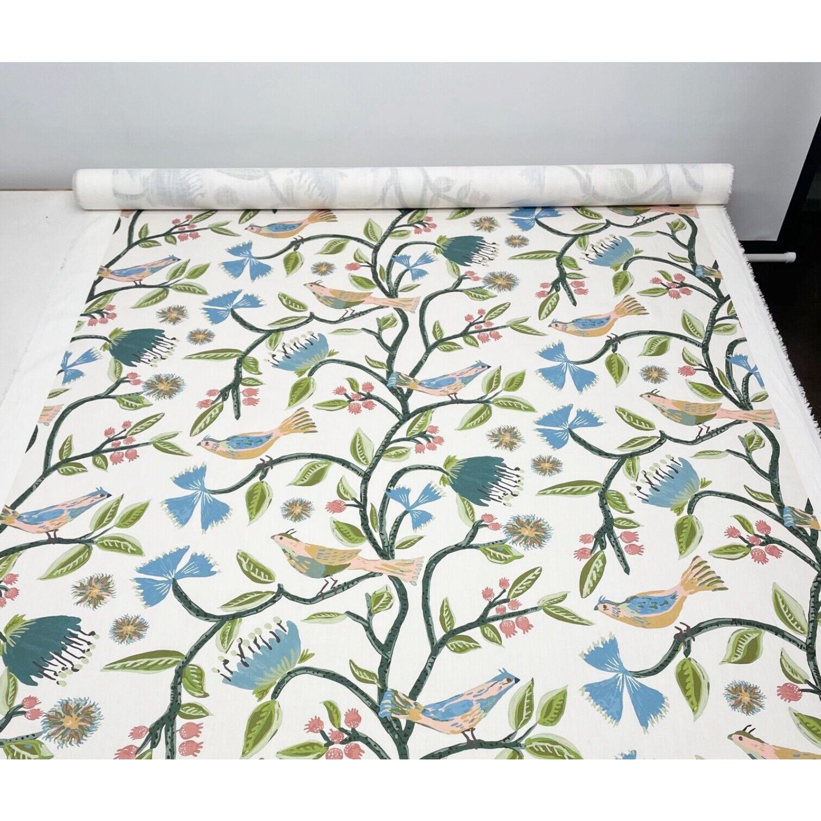 Ballard Designs Lyle Green Blue Lush Leaves Vine Songbirds Fabric by ...