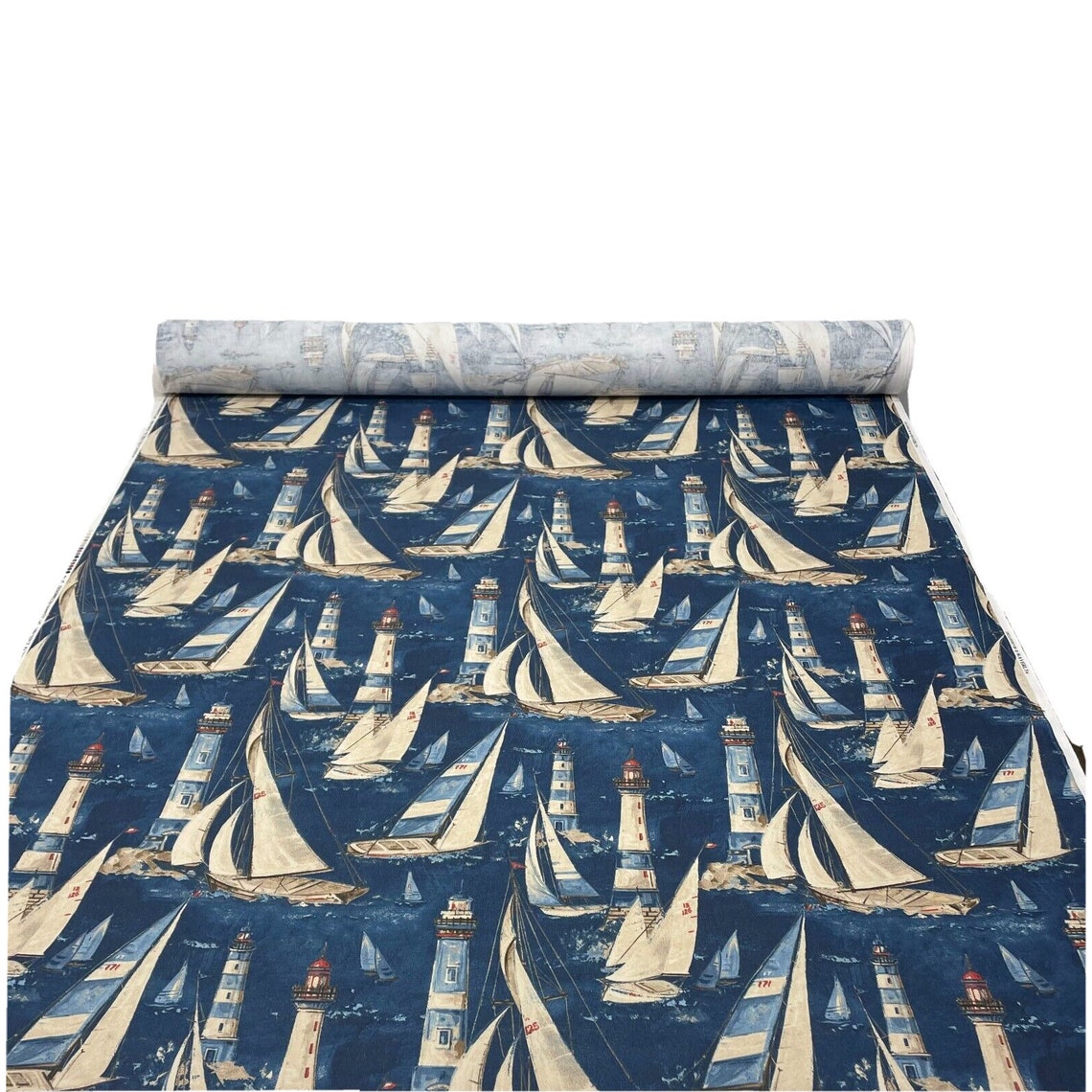 Waverly in the Breeze Indigo Blue Lighthouse Sailboat Cotton Fabric by ...