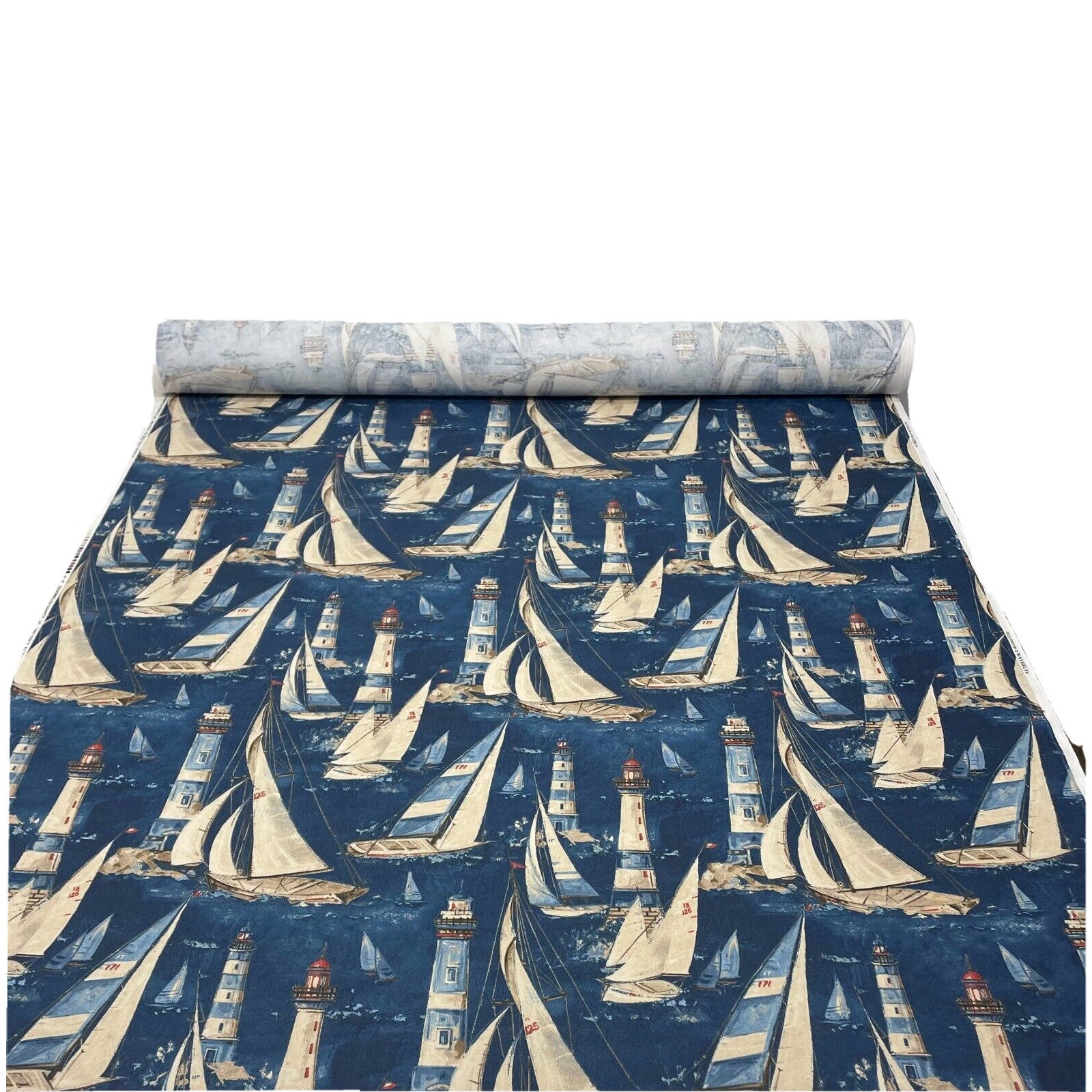 Waverly in the Breeze Indigo Blue Lighthouse Sailboat Cotton Fabric by ...