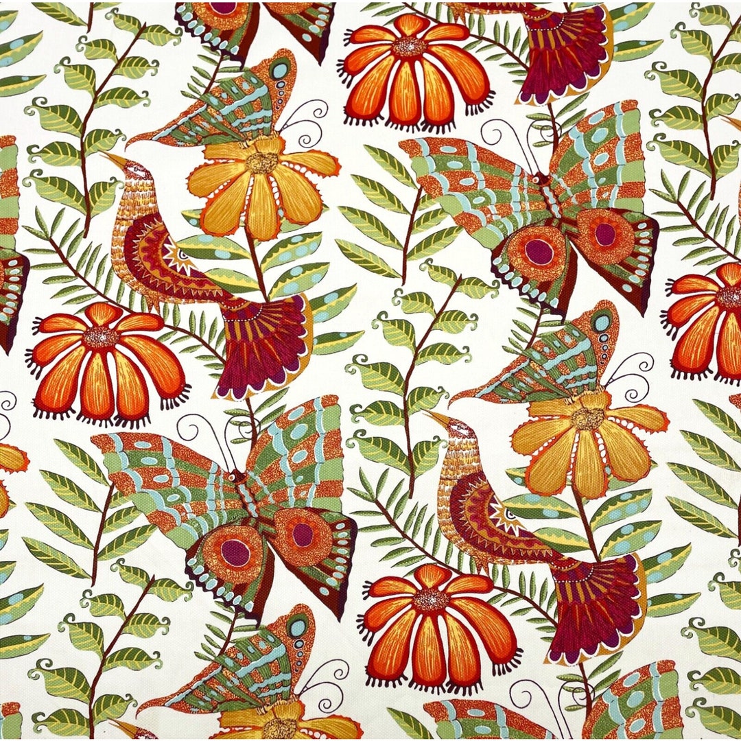 Vilber Large Bird & Butterfly Cream Cotton Basketweave Fabric by Yard ...