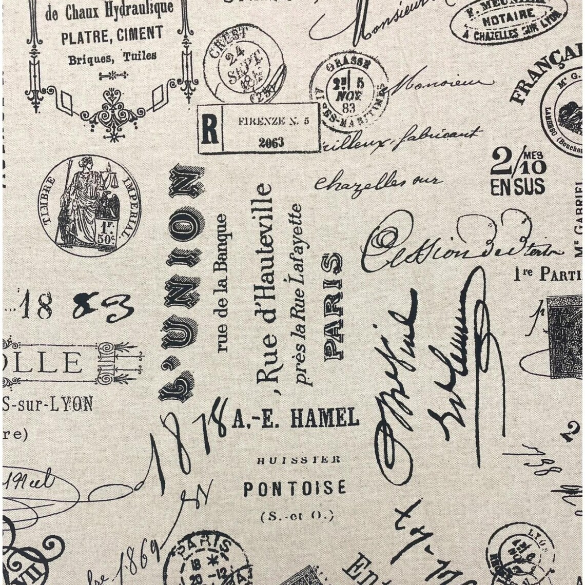 Designer French Postal Script Black Paris Postage Multiuse Fabric by ...