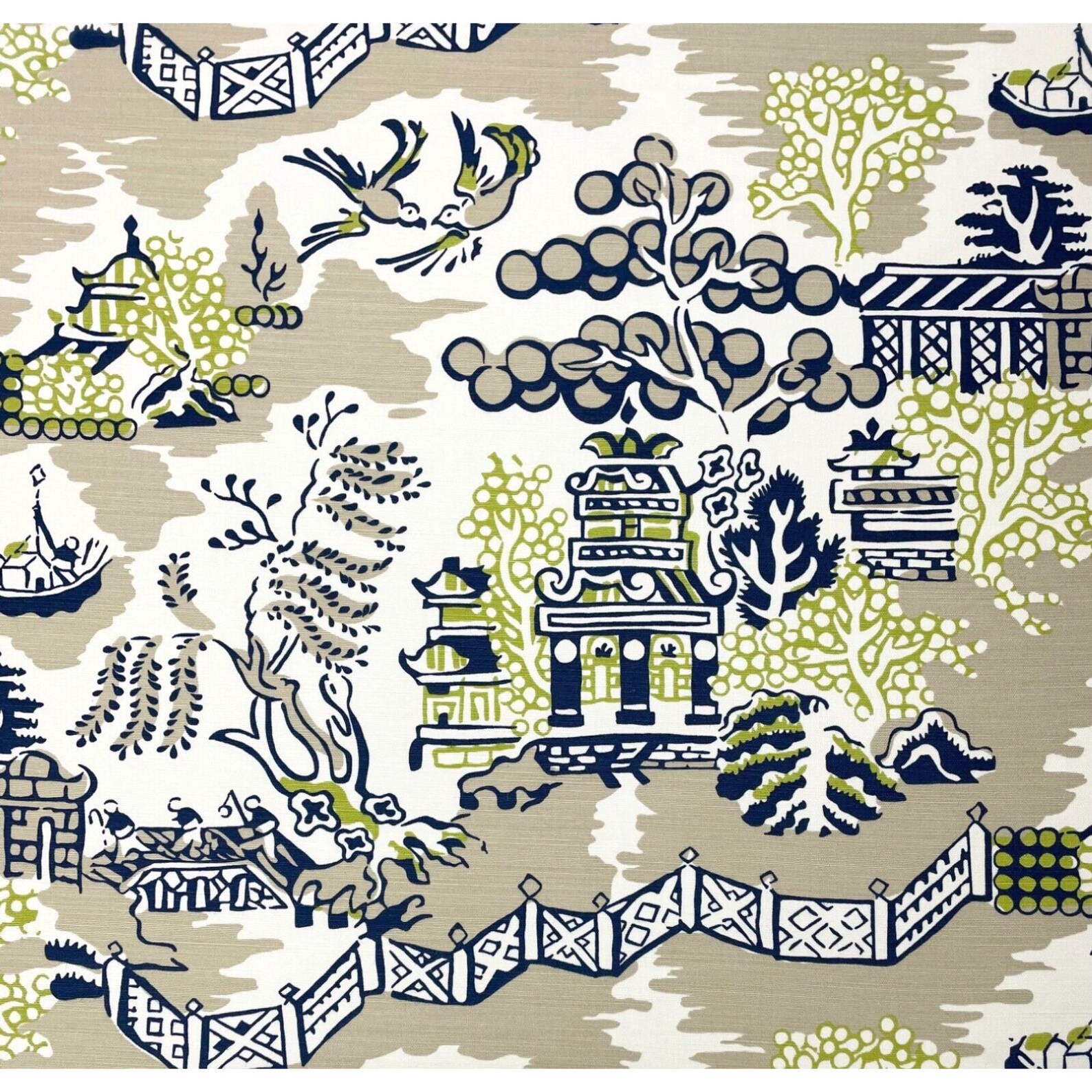 Thibaut Luzon Navy Blue on Beige Asian Toile Multiuse Linen Fabric by ...