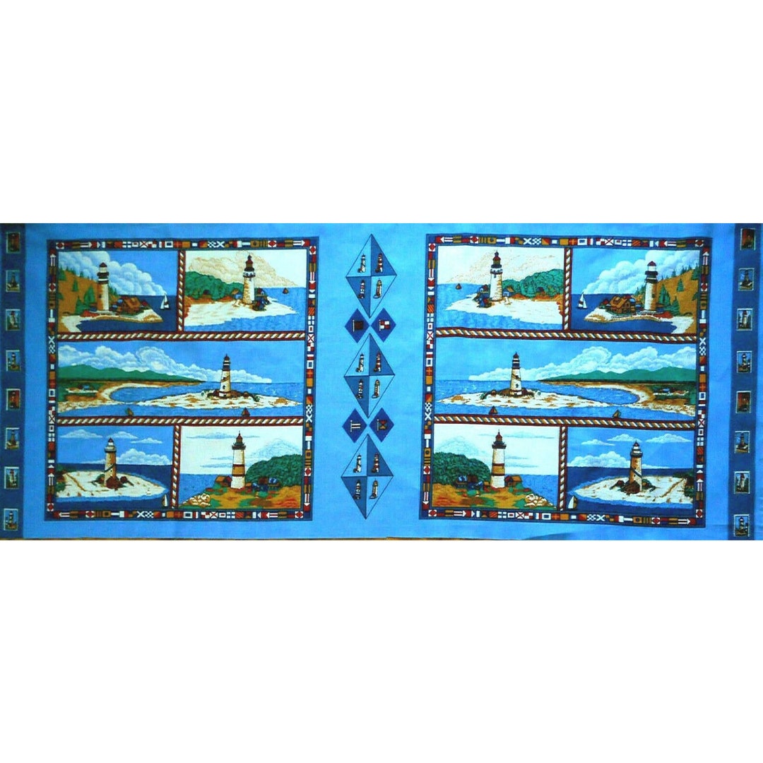 Nautical Fabric Panel 2 Pillow Fronts Lighthouse Beacons of Light Blue ...