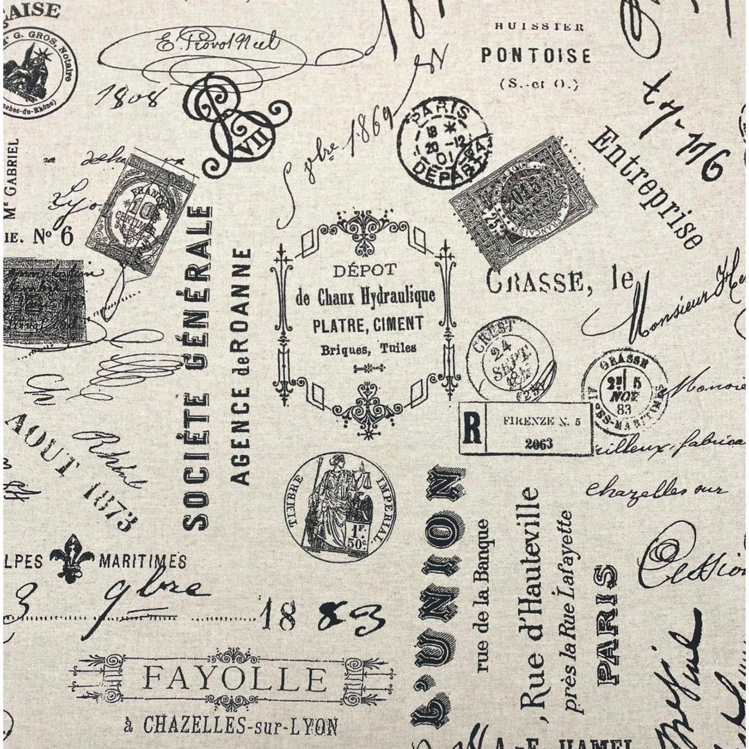 Designer French Postal Script Black Paris Postage Multiuse Fabric by ...