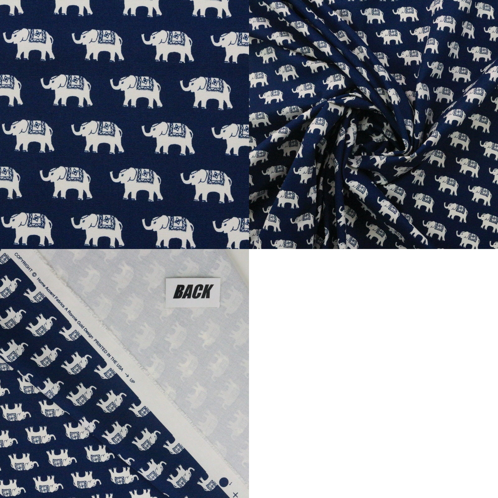 Ronnie Gold Ellie Indigo Blue Elephant Elephants Cotton Fabric by the ...