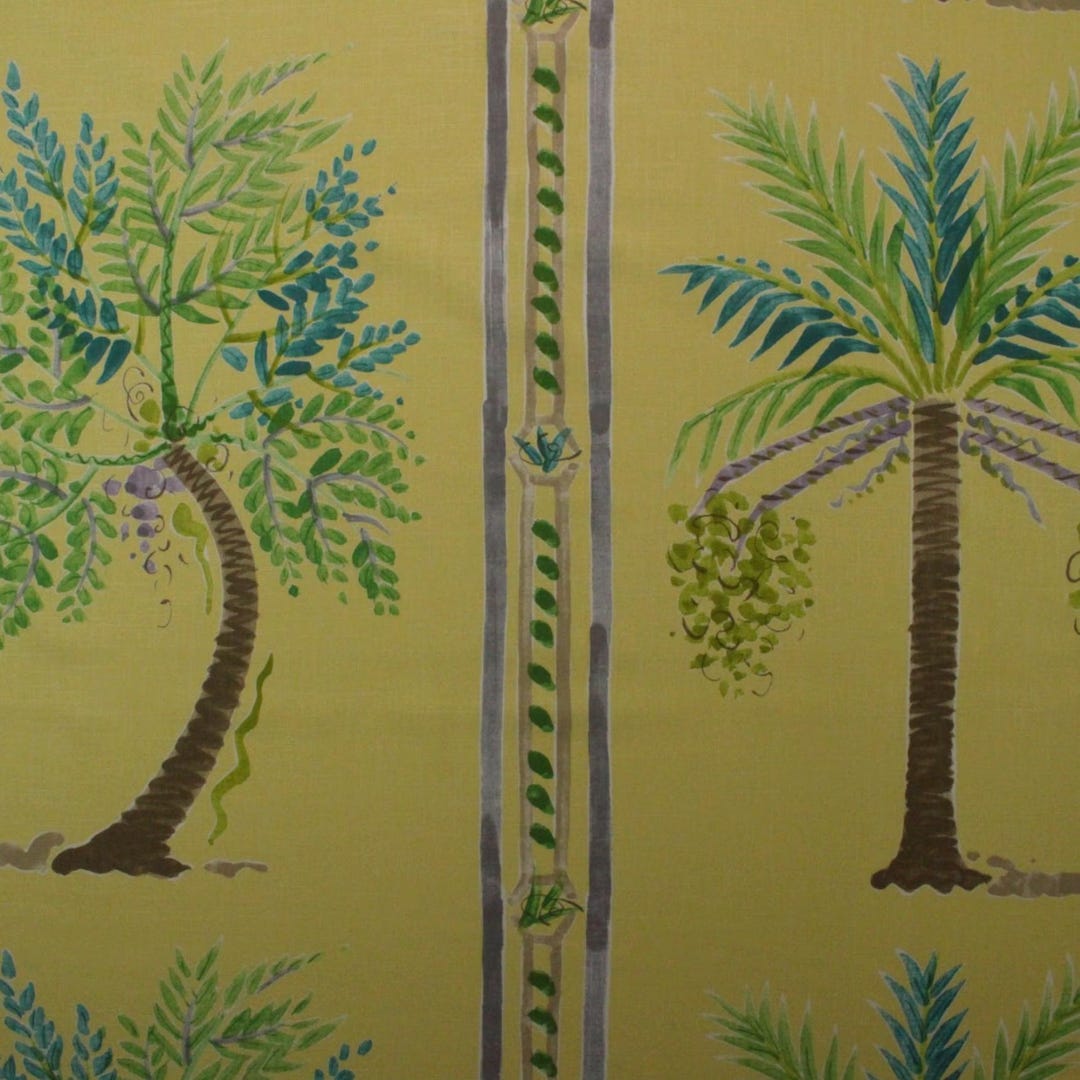 Vintage Braemore Palm Island Sunshine Yellow Palm Tree Linen Fabric by ...