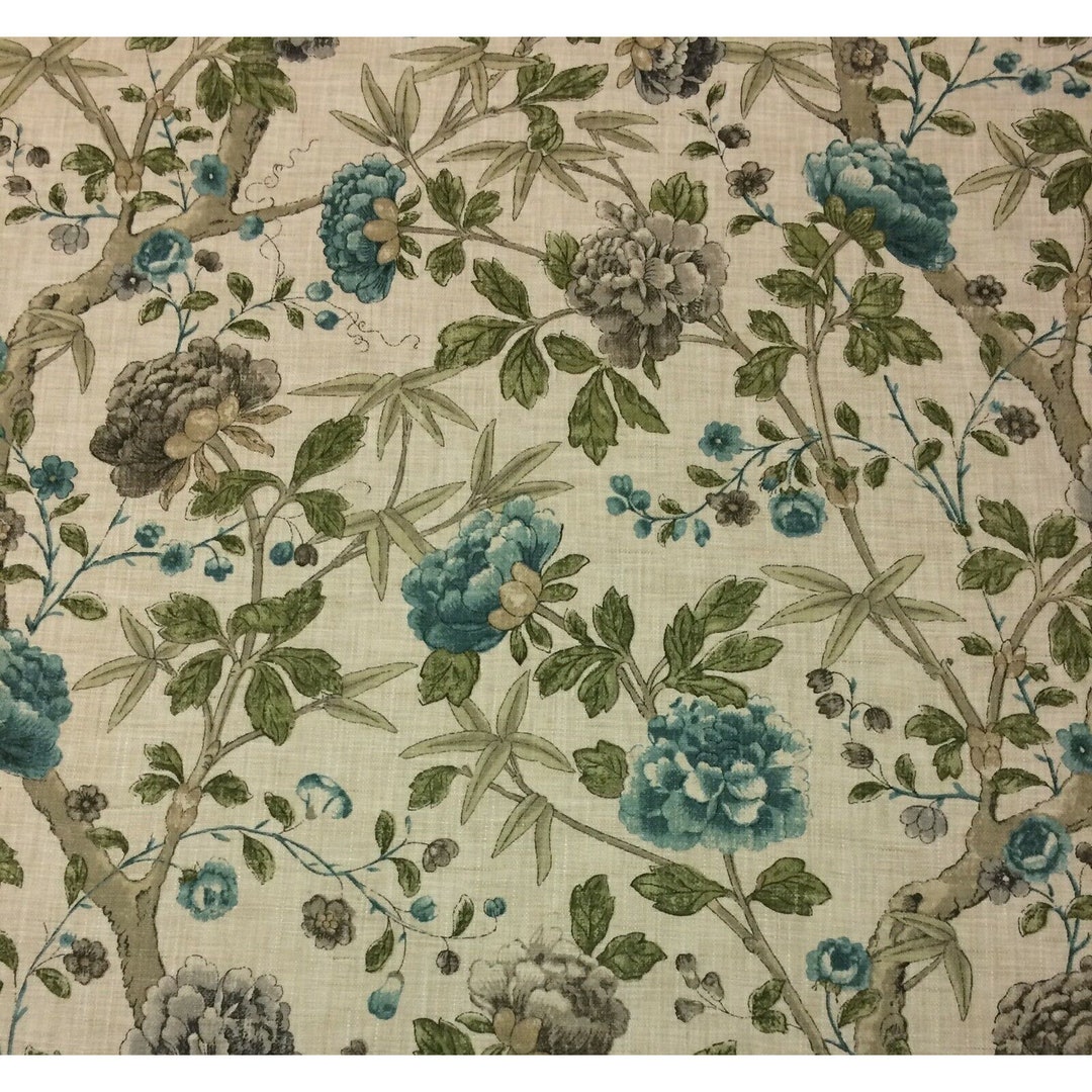 Ballard Designs Heidi Blue Jacobean Floral Linen Like Fabric by the ...