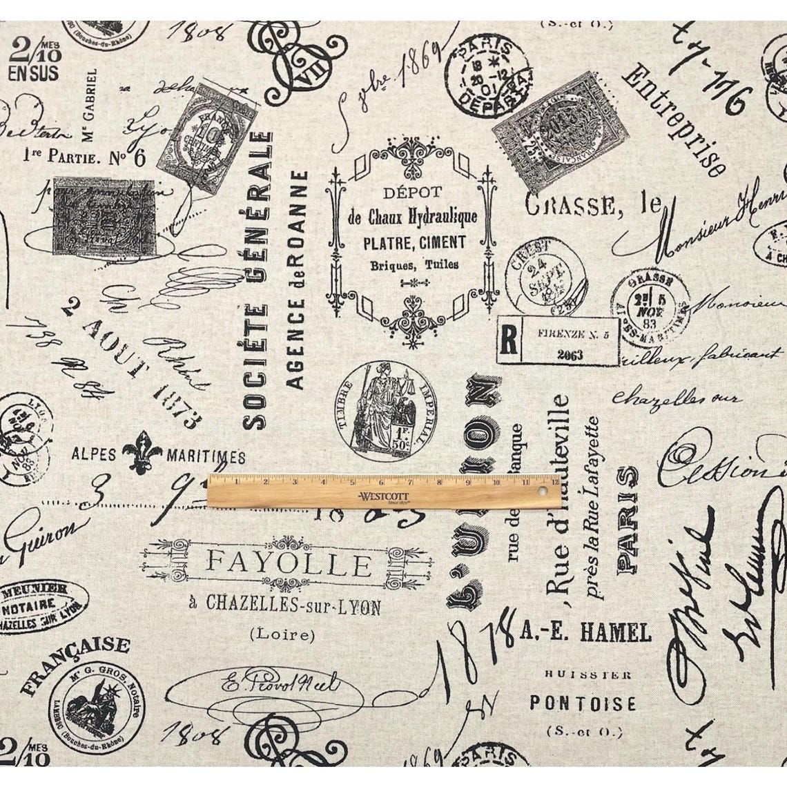 Designer French Postal Script Black Paris Postage Multiuse Fabric by ...