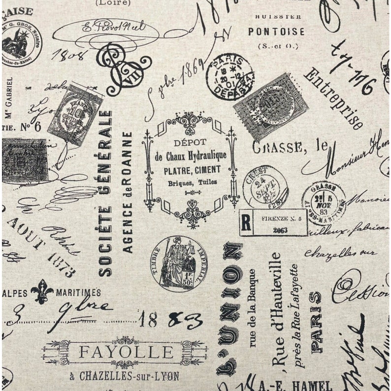 Designer French Postal Script Black Paris Postage Multiuse Fabric by ...