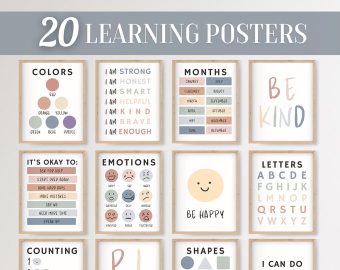 Set of 20 Neutral Playroom Posters. Educational & Boho Decor Prints ...