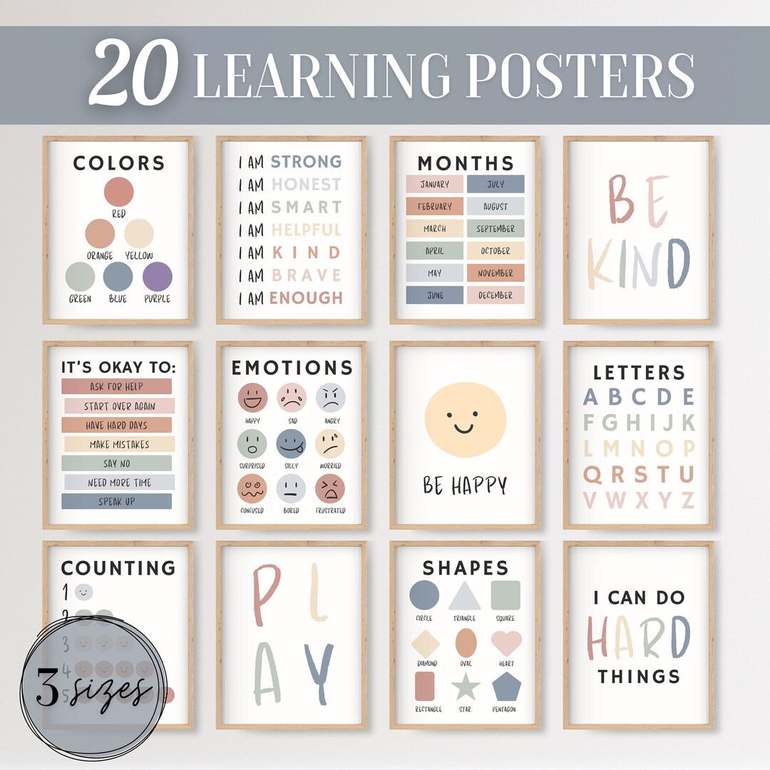 Set of 20 Neutral Playroom Posters. Educational & Boho Decor Prints ...
