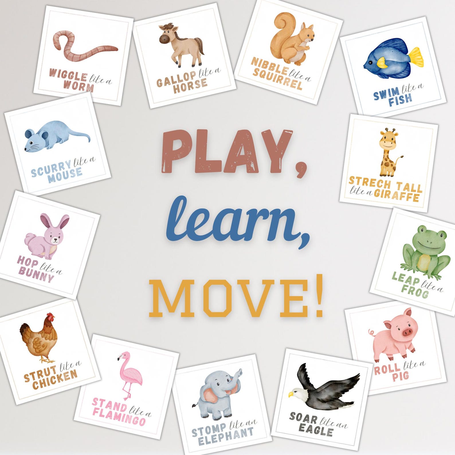 Animal Movement Cards for Kids. Printable Toddler, Preschool Activity ...