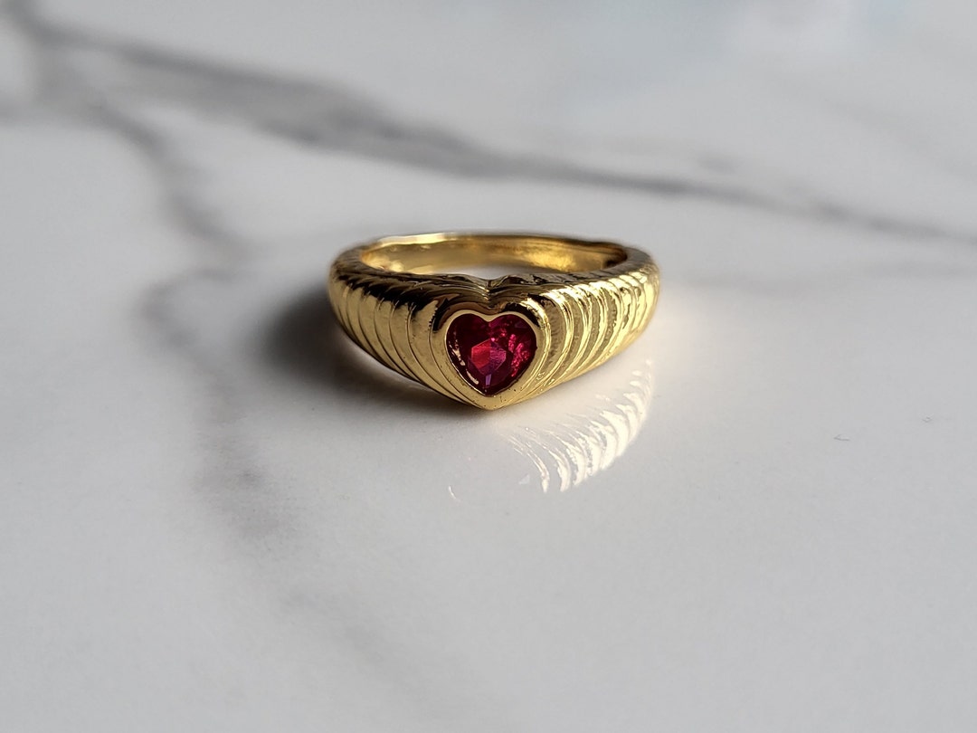 18K Gold Plated Ruby Heart Love Ring Waterproof Jewelry Ladies Ring Gift for Her Jewellery ...