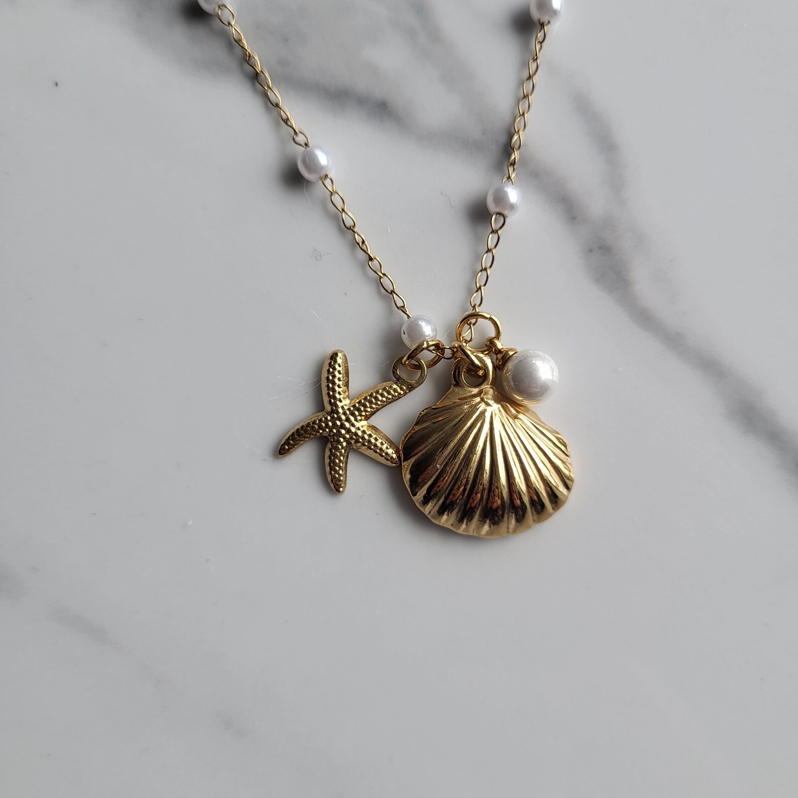 18K Gold Plated Seashell and Starfish Pearl Chain Necklace Tarnish Free ...