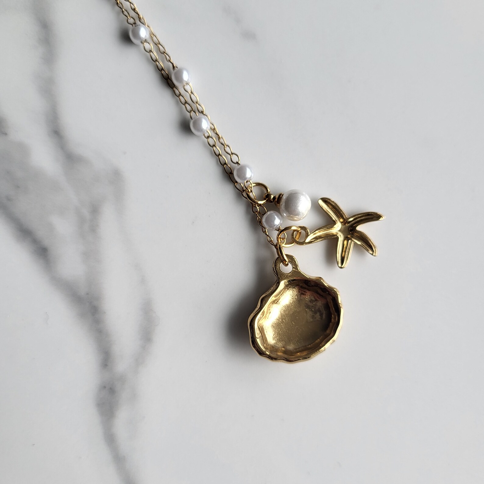 18K Gold Plated Seashell and Starfish Pearl Chain Necklace Tarnish Free ...