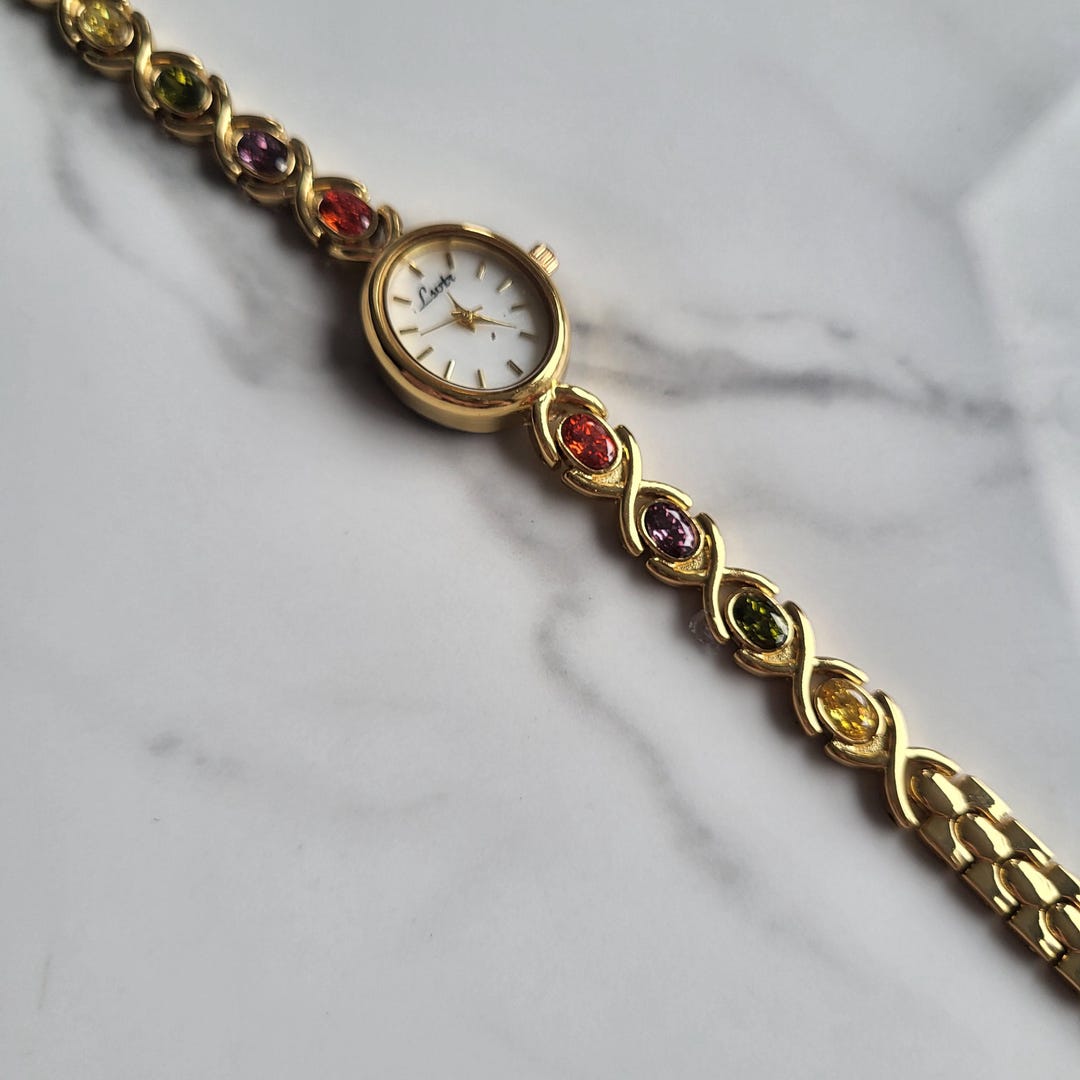 Gold and Multi Color Gem Vintage Inspired Elegant Oval Wrist Ladies ...