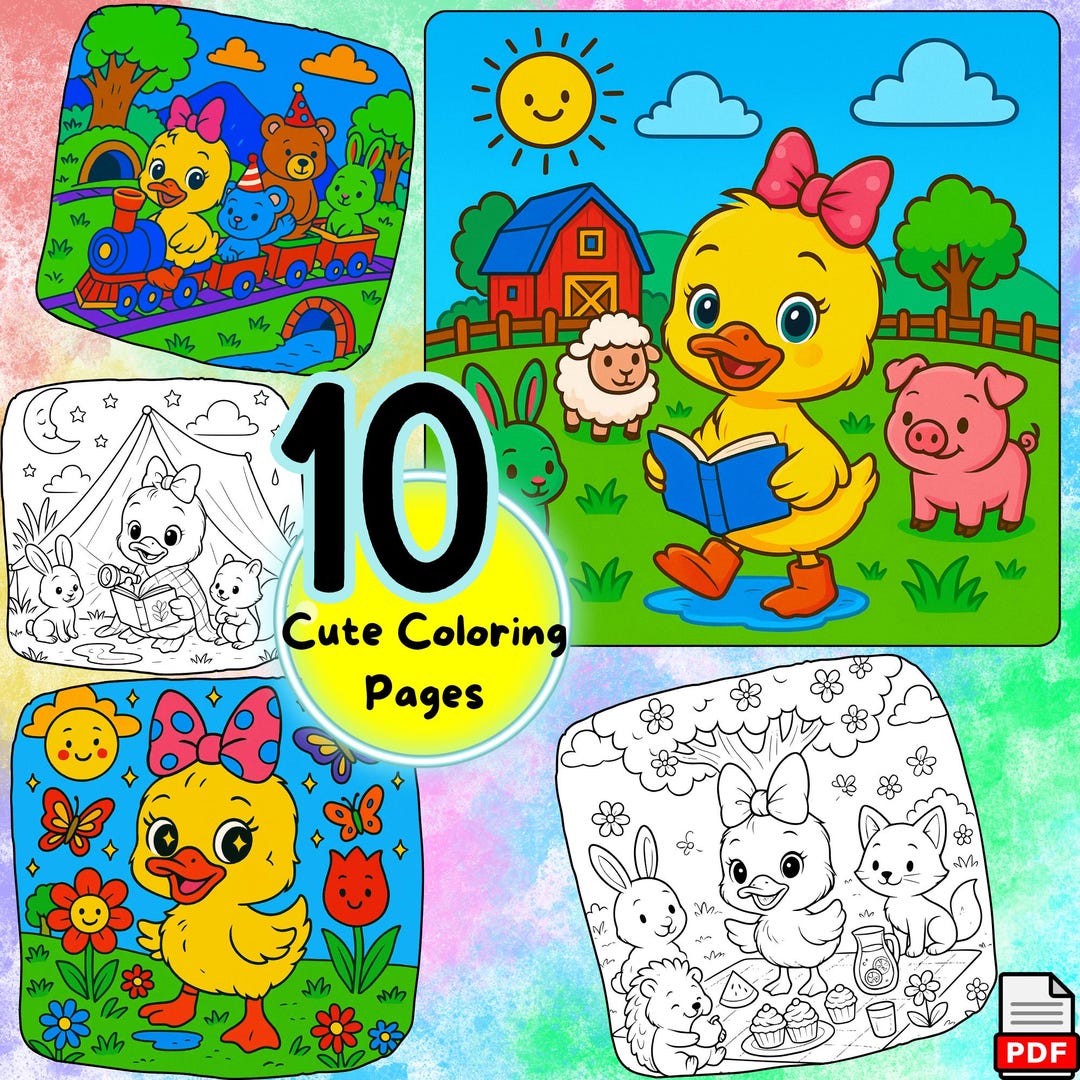 Coloring Book: Cute Duck Scenes – Printable Line Art for Kids, Instant ...