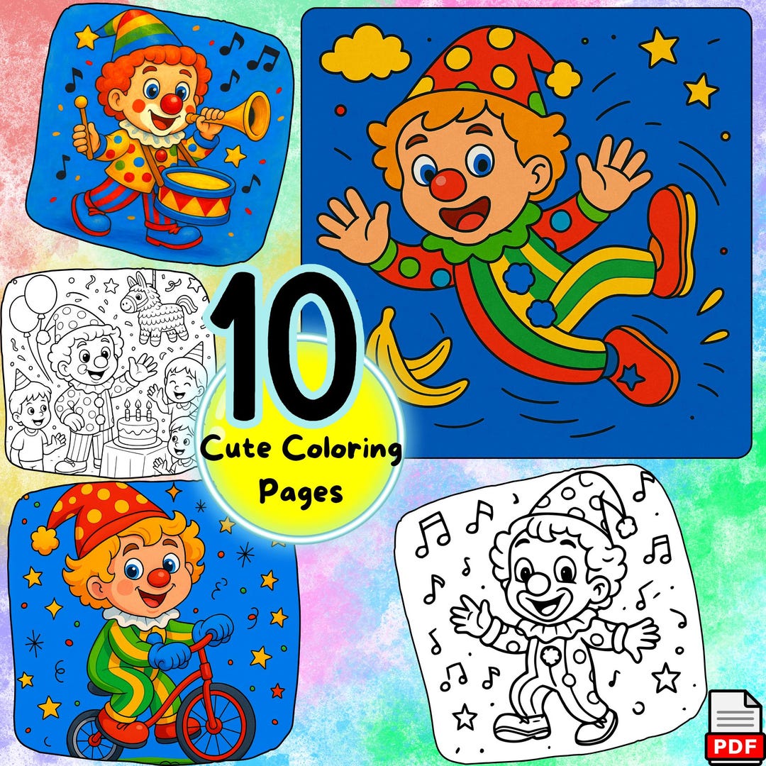10 Cute Clown Scenes to Color – Fun for Kids! Printable Line Art ...