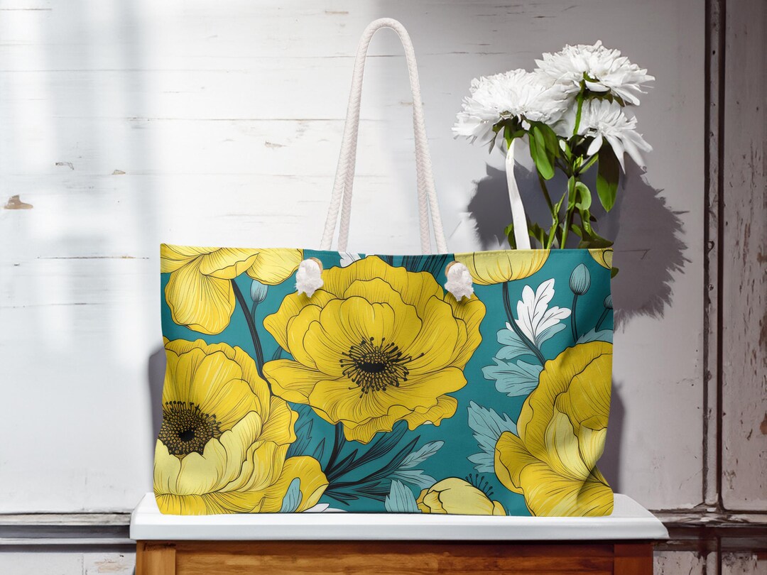 Yellow Flower Teal Weekender Bag Farmers Market Bag Gift Bag Overnight ...