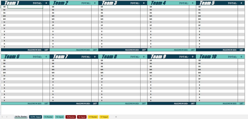 10 TEAM - Fantasy Football Excel Tracker - Auction Draft. 10 Team ...