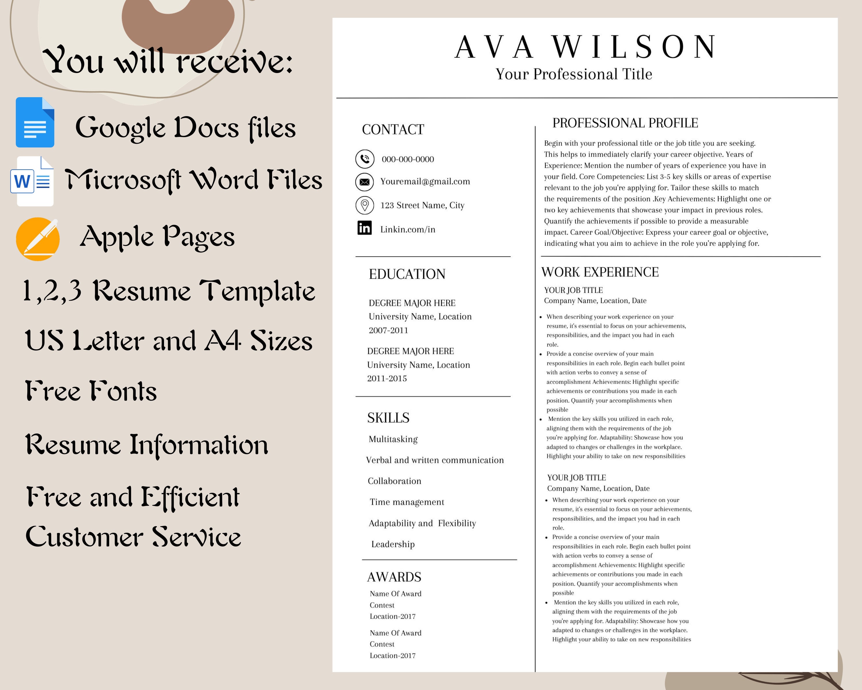 Professional Modern Resume Template for Word, Pages, Google Docs ...