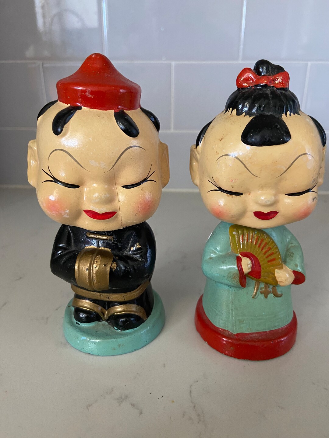 Pair of Vintage Japanese Bobble Heads Nodders 7.5" Hand Painted Great ...