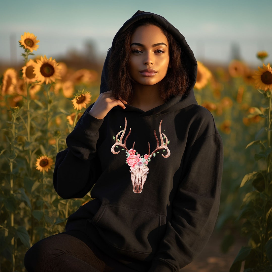Watercolor Skull With Horns & Flowers Western Graphic Hoodie, Unisex ...