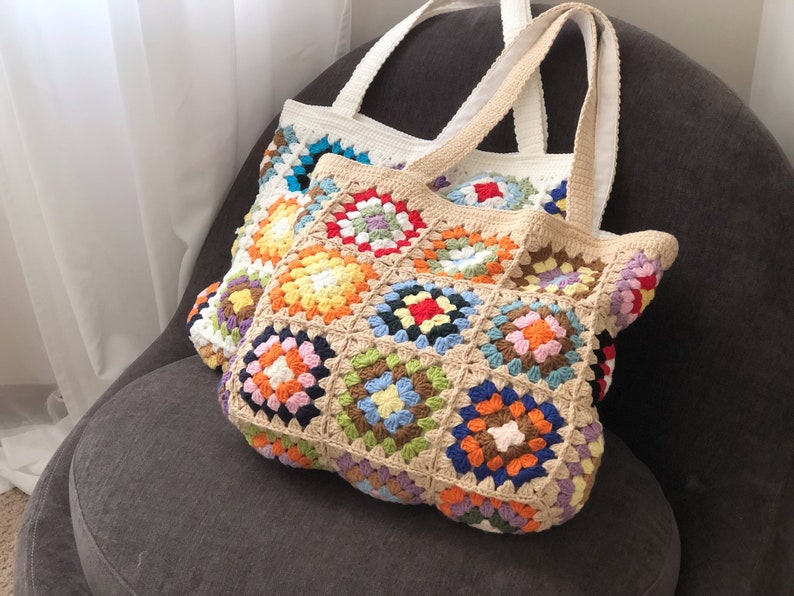 Crochet XL Tote Bag, Granny Square Shoulder Bag, Crochet Purse, Cotton ...
