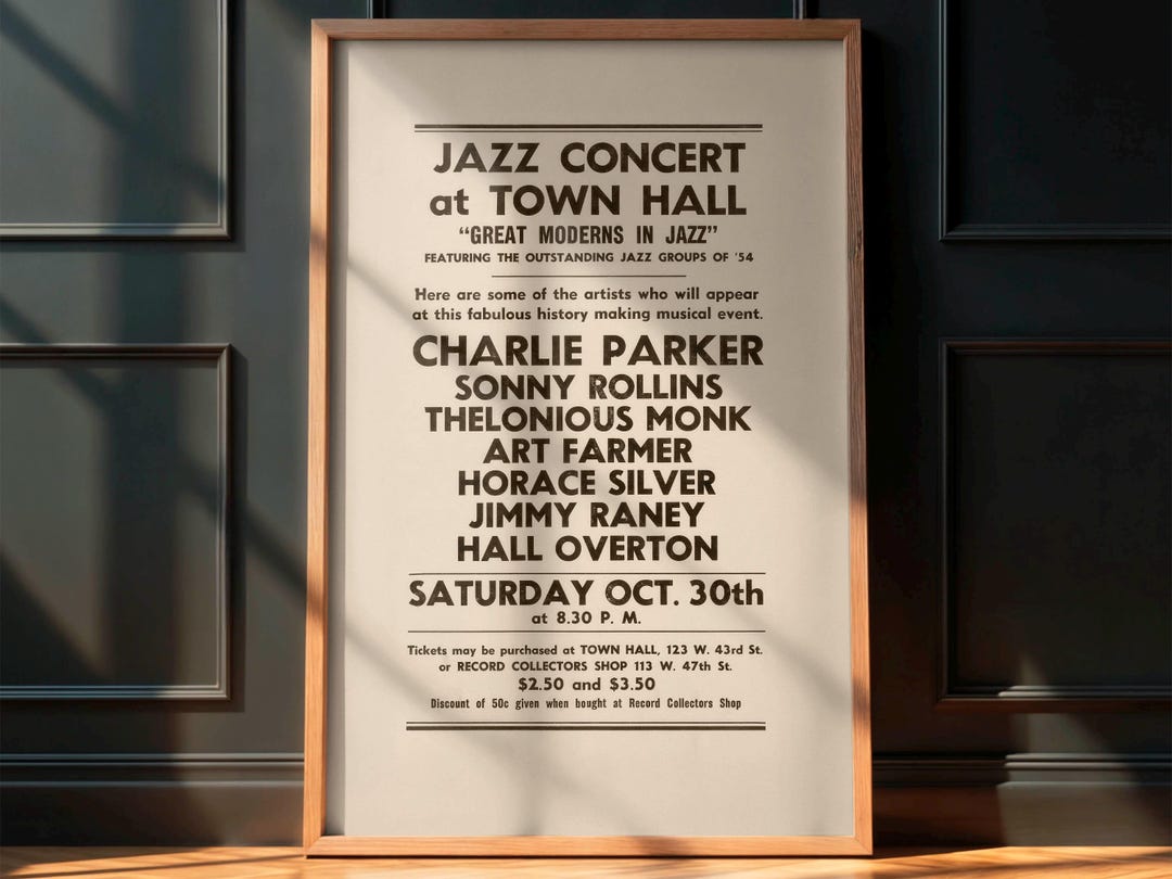 Rare Vintage Jazz Poster, Charlie Parker, Thelonious Monk Town Hall ...