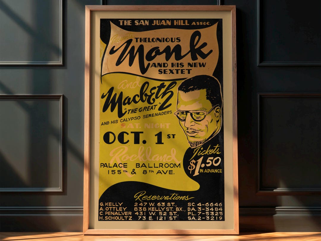 Vintage Jazz Concert Poster, Thelonious Monk 1949 Harlem, New York ...