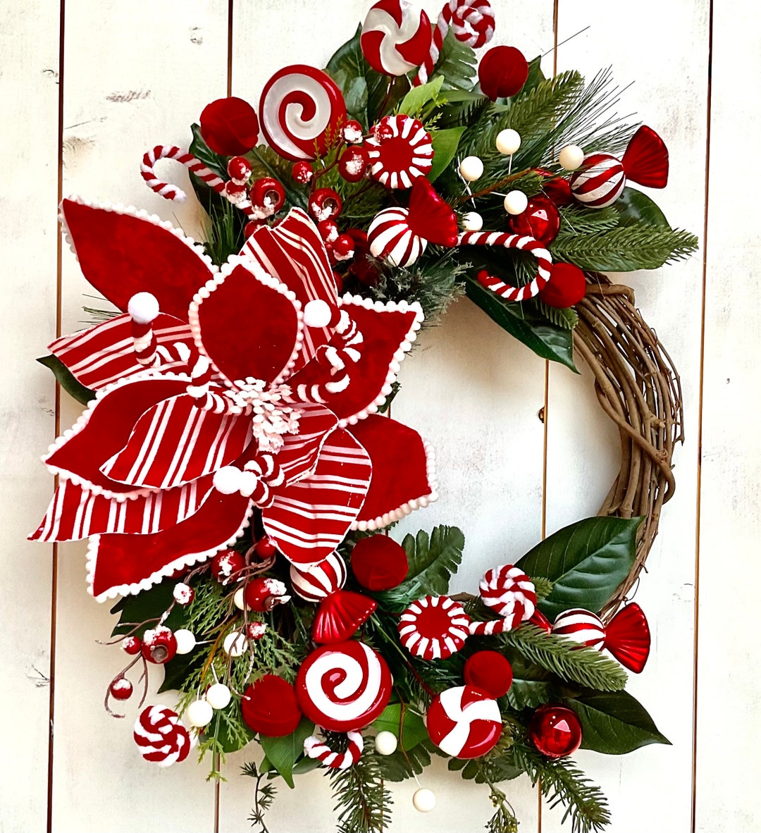 Christmas Wreath, Holiday Wreath, Velvet Poinsettia Wreath, Unique ...