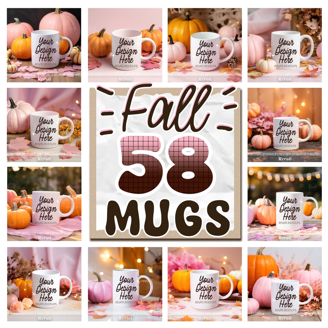 Mug Mockup Bundle Fall 58 Pumpkin Pack Autumn Leaves White Sublimation ...