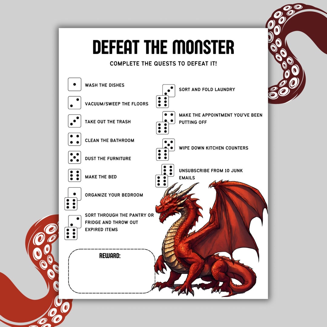 ADHD Cleaning Checklist Game, Defeat the Monster Cleaning Challenge ...