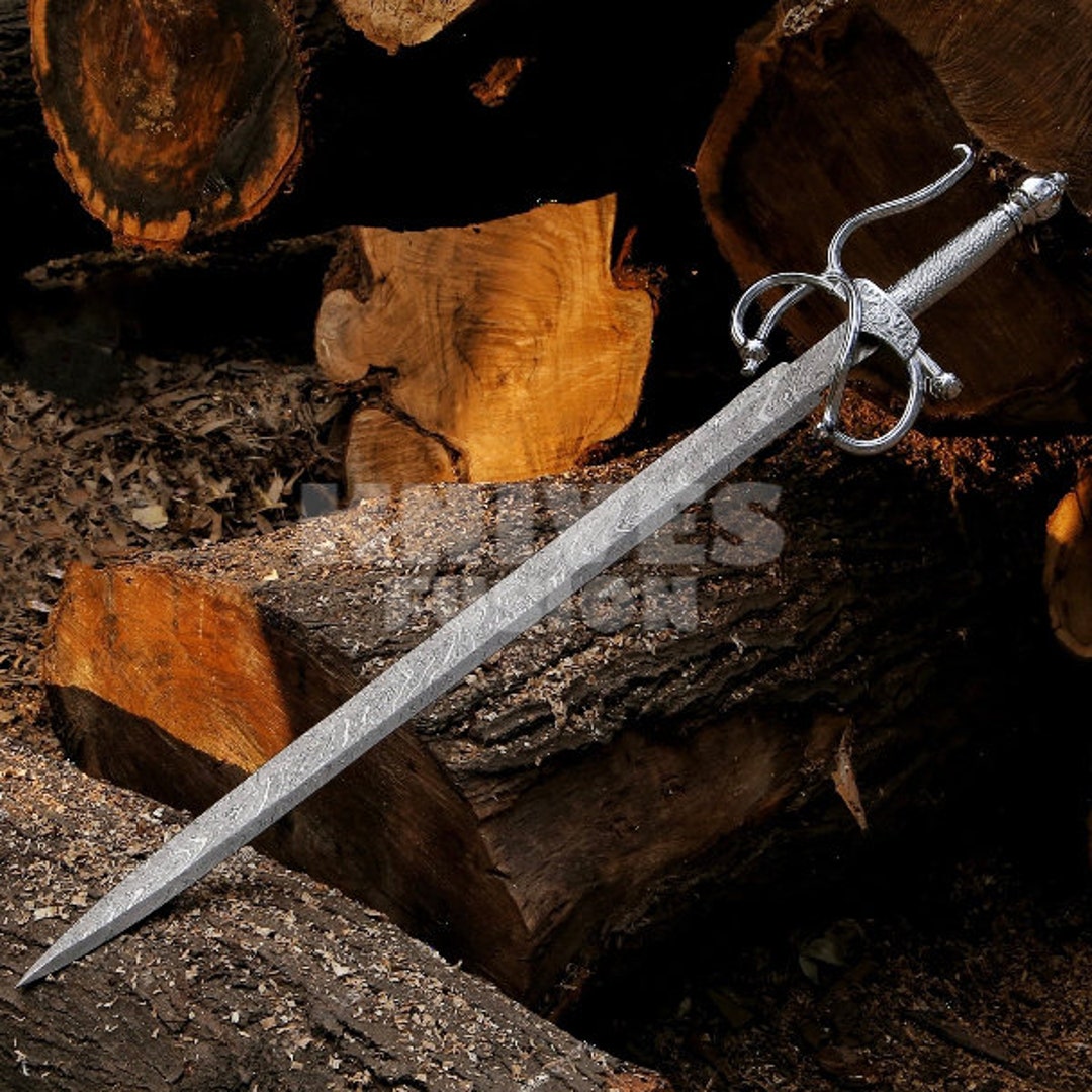 Hand Forged Damascus Steel Rapier Sword With Leather Sheath, Medieval ...
