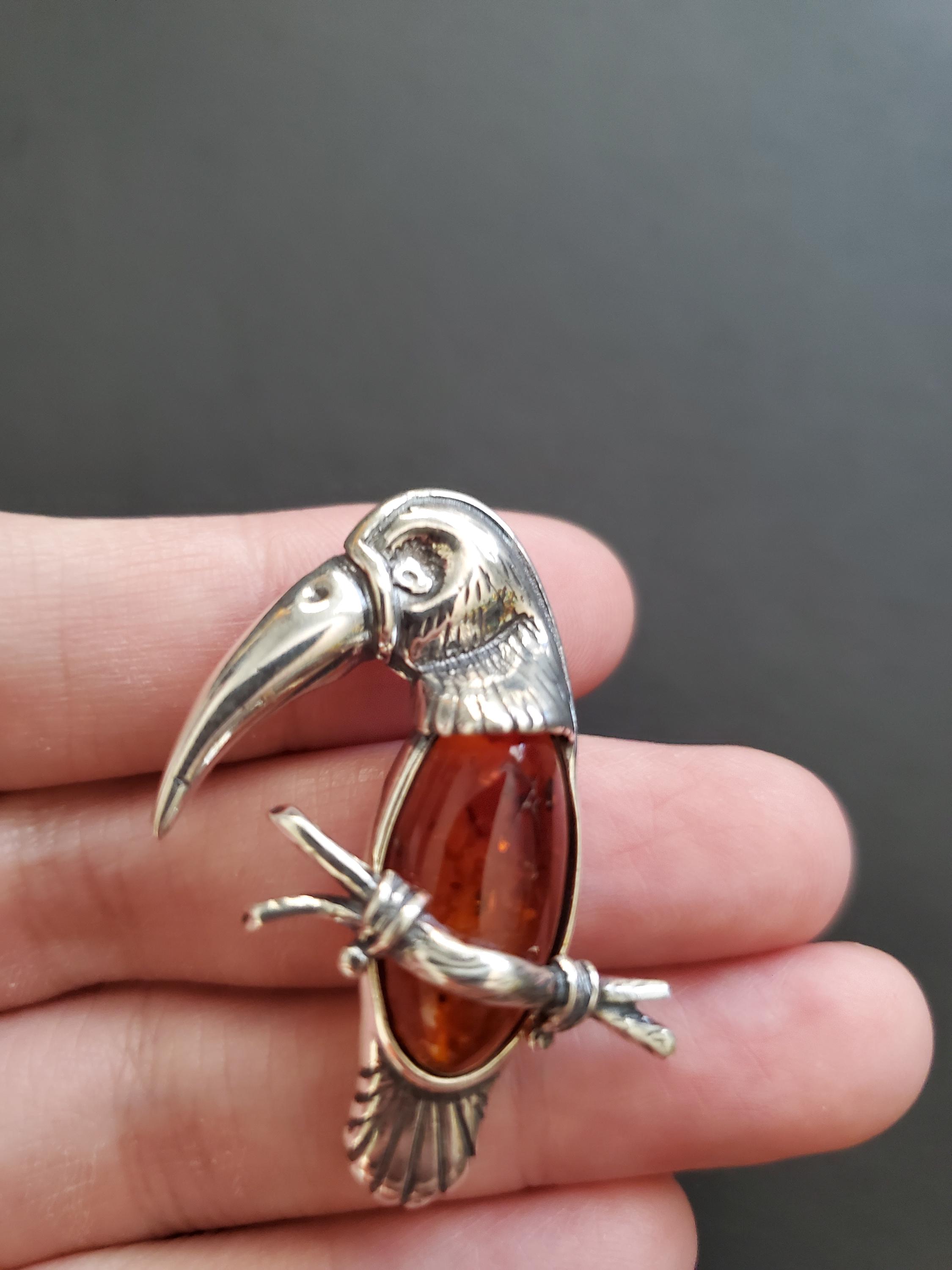 Baltic Amber Toucan Brooch/ Bird Pin/baltic Amber Pin/sterling Silver ...
