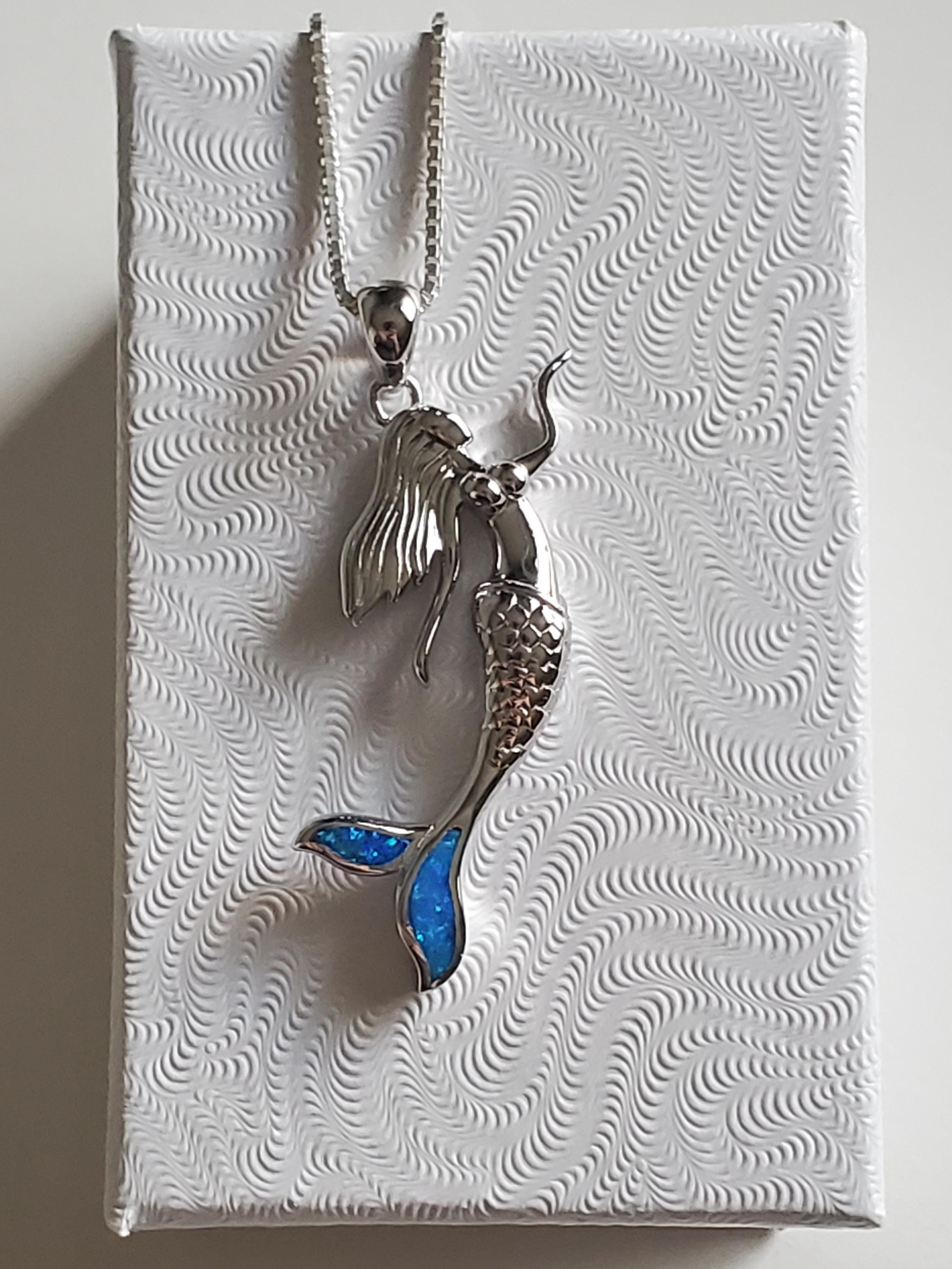 Blue Fire Opal Mermaid Pendant/opal Inlay Necklace/blue Inlay Siren ...