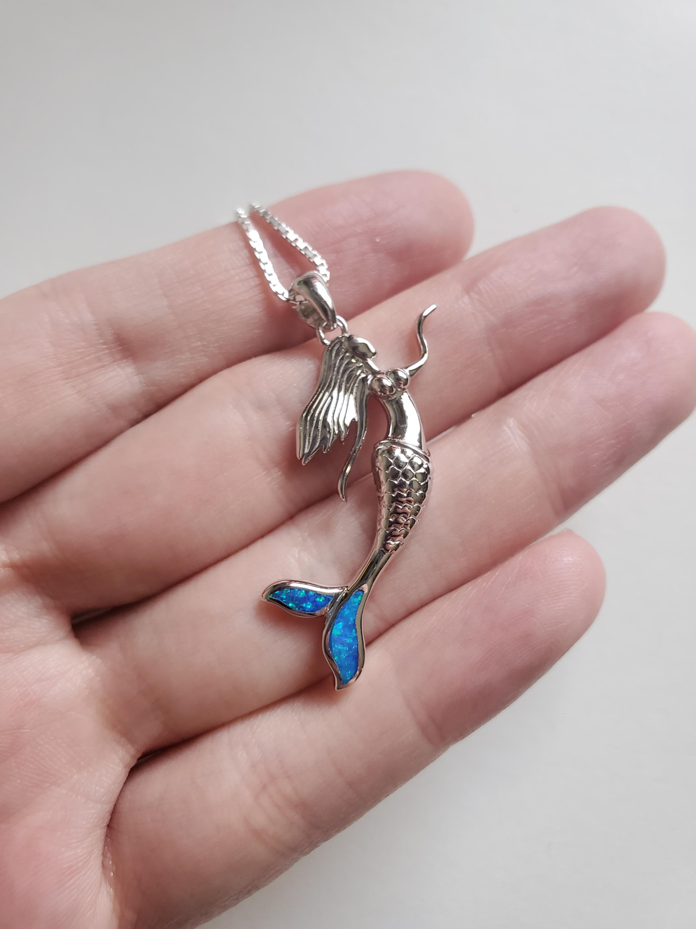 Blue Fire Opal Mermaid Pendant/opal Inlay Necklace/blue Inlay Siren ...