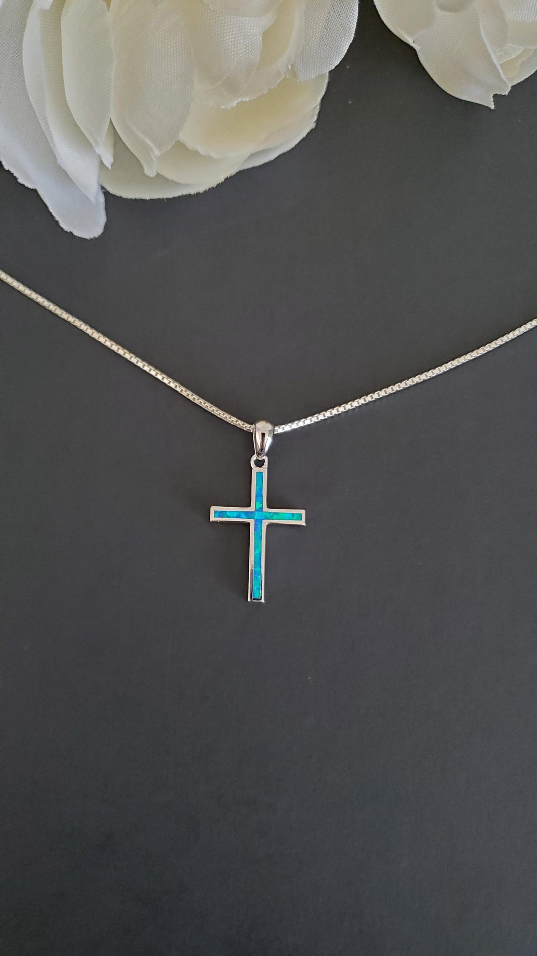 Blue Fire Opal Cross Pendant/opal Inlay Cross Necklace/opal Pendant ...