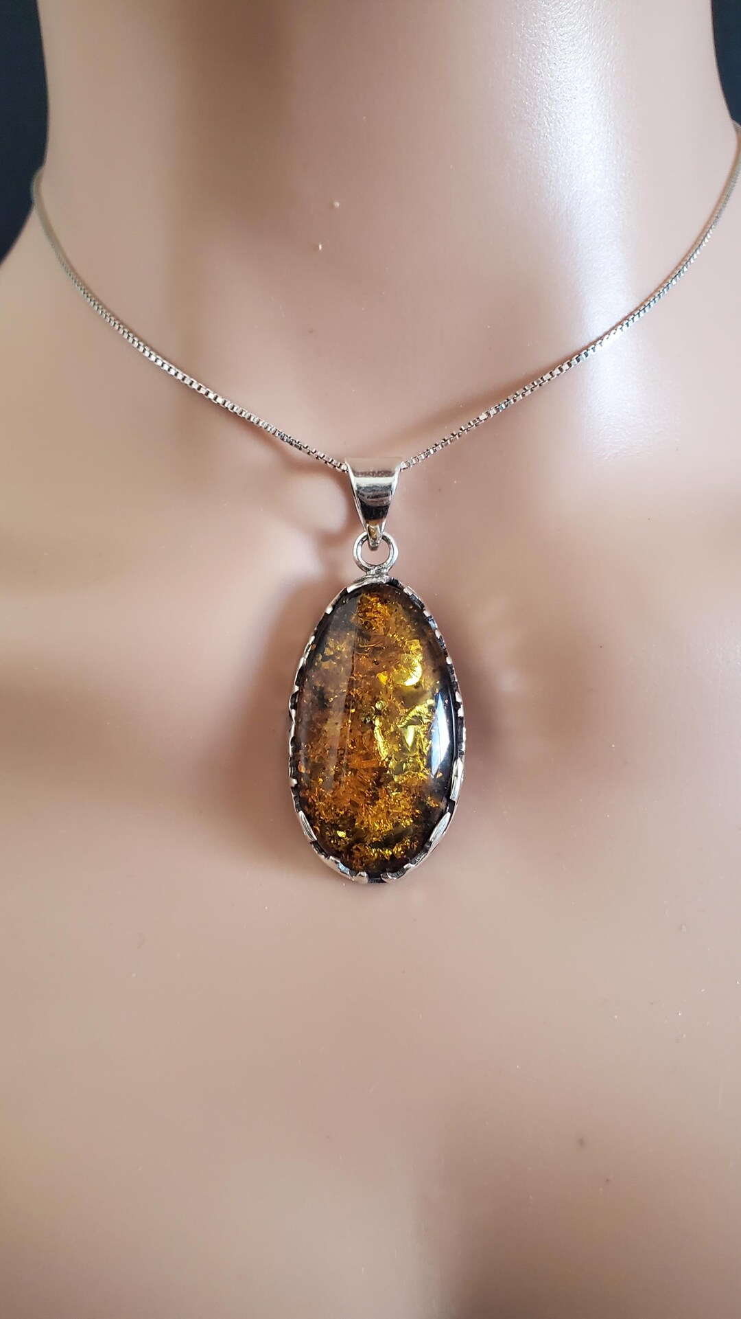 Cognac Amber Oval Pendant/ Large Amber Pendant Necklace/baltic Amber ...
