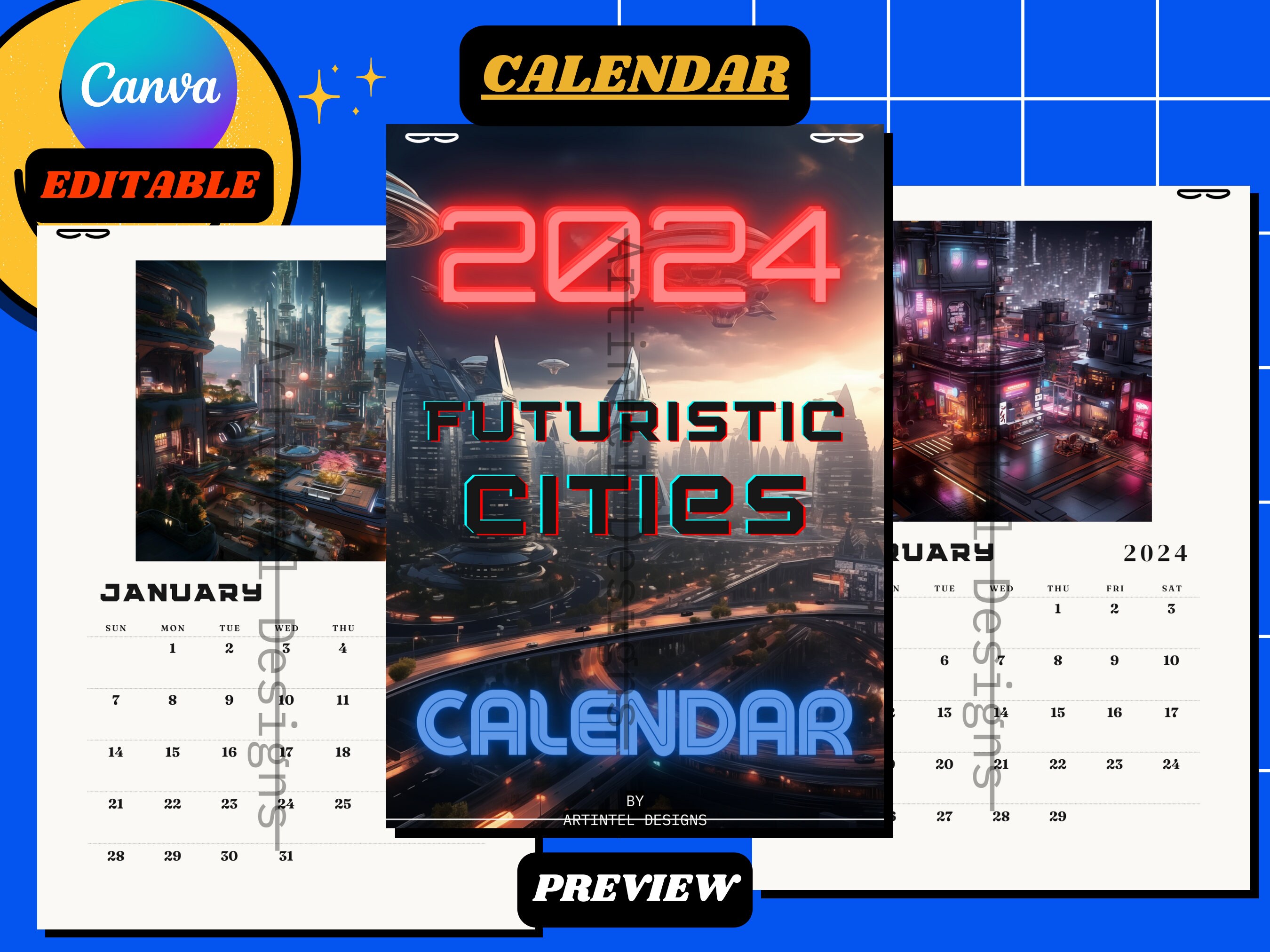 Futuristic Cities Printable 2024 Calendar, Canva Editable Template ...