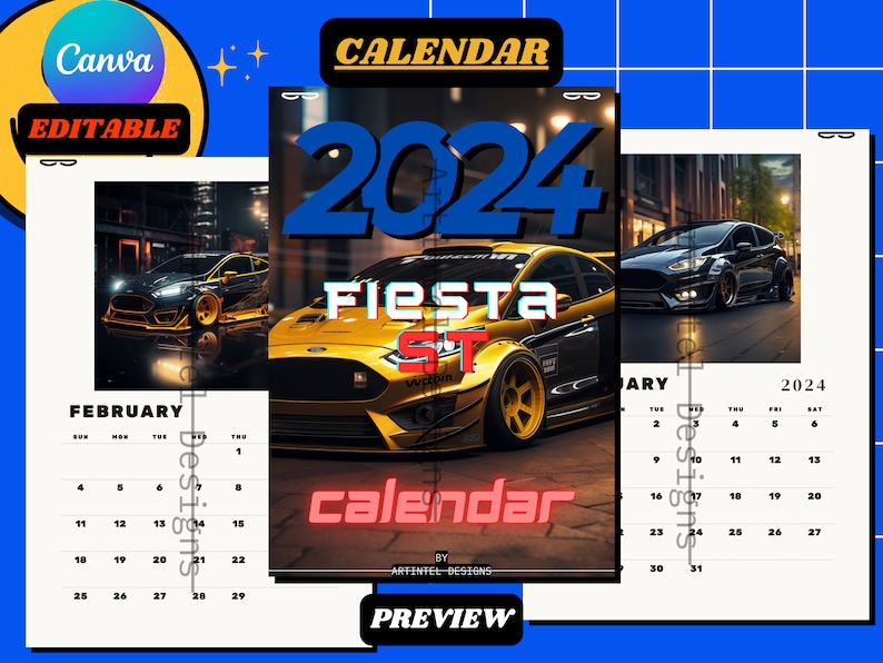 Ford Fiesta ST Printable 2024 Calendar, Canva Editable Template, High ...