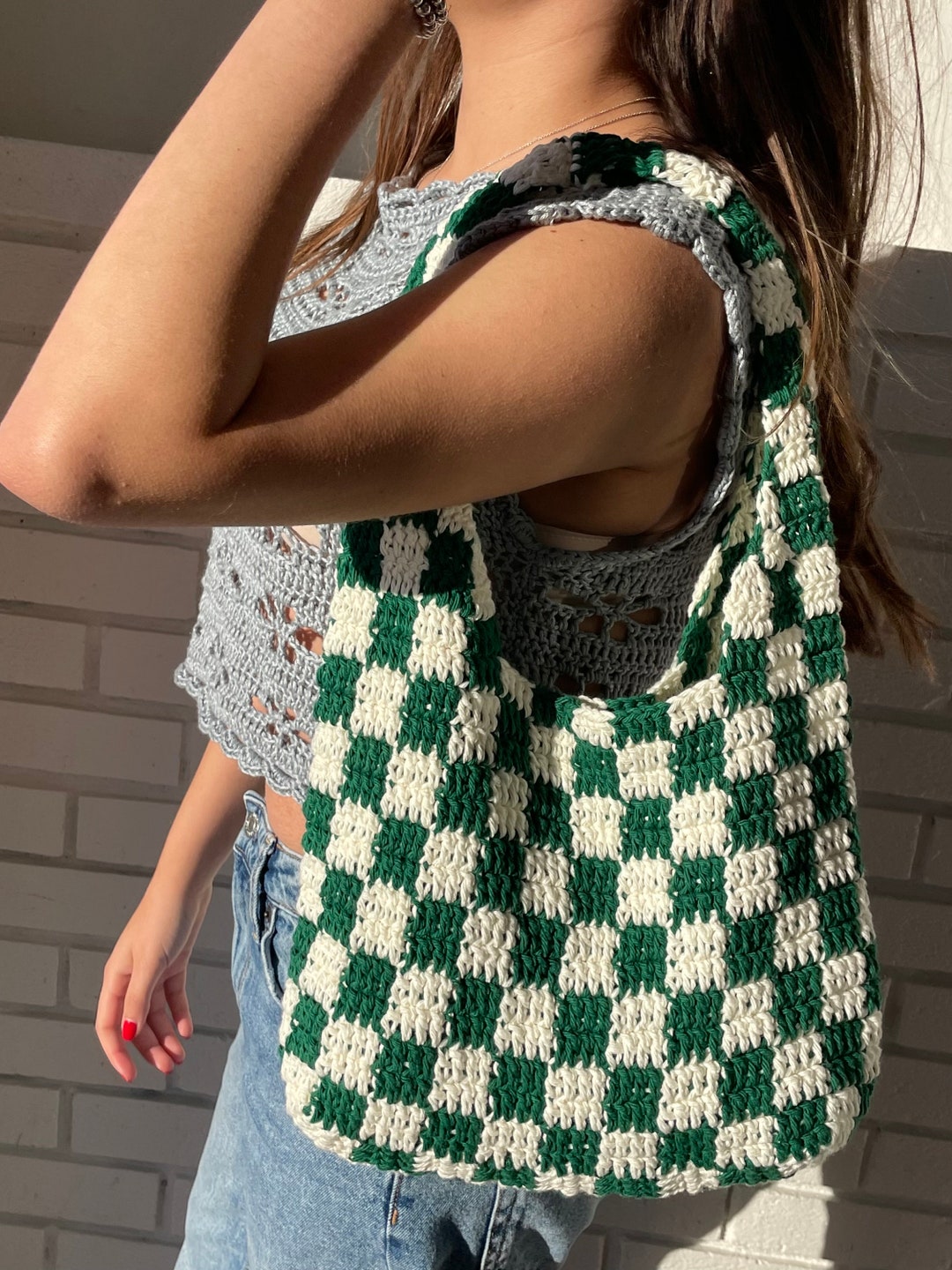 Forest Green and White Checkered Crochet Bag - Etsy