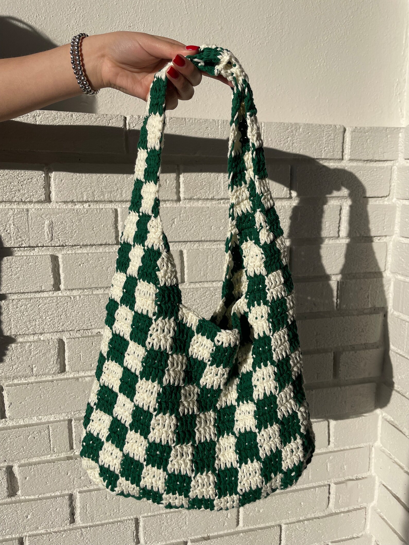 Forest Green and White Checkered Crochet Bag - Etsy