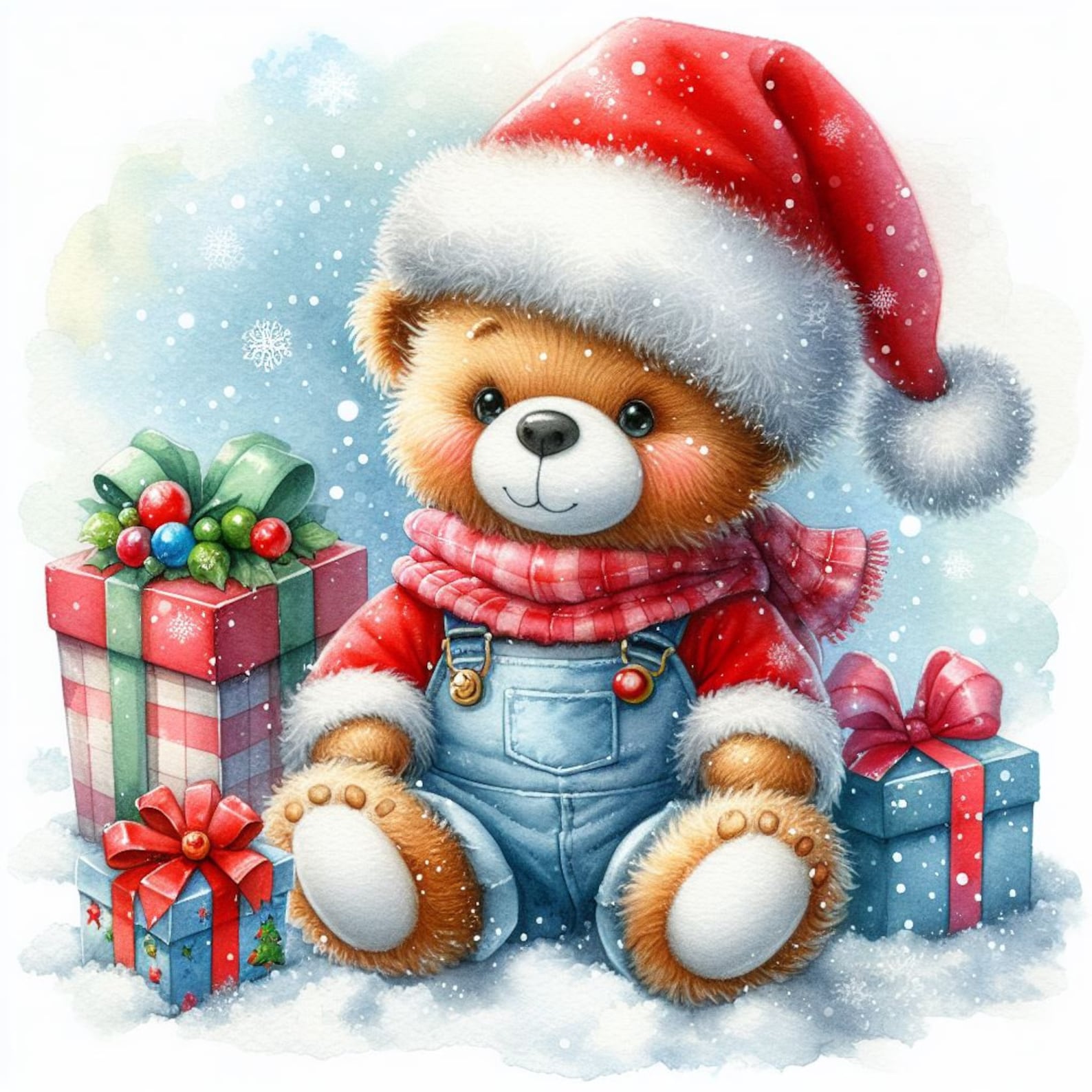 Merry Christmas Teddy Bear Watercolor Set, Digital Download for Card ...