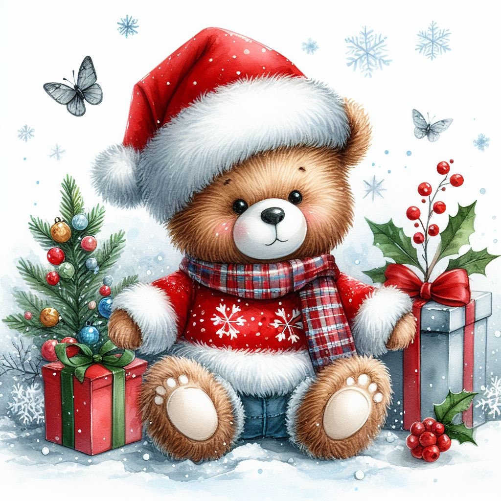 Merry Christmas Teddy Bear Watercolor Set, Digital Download for Card ...